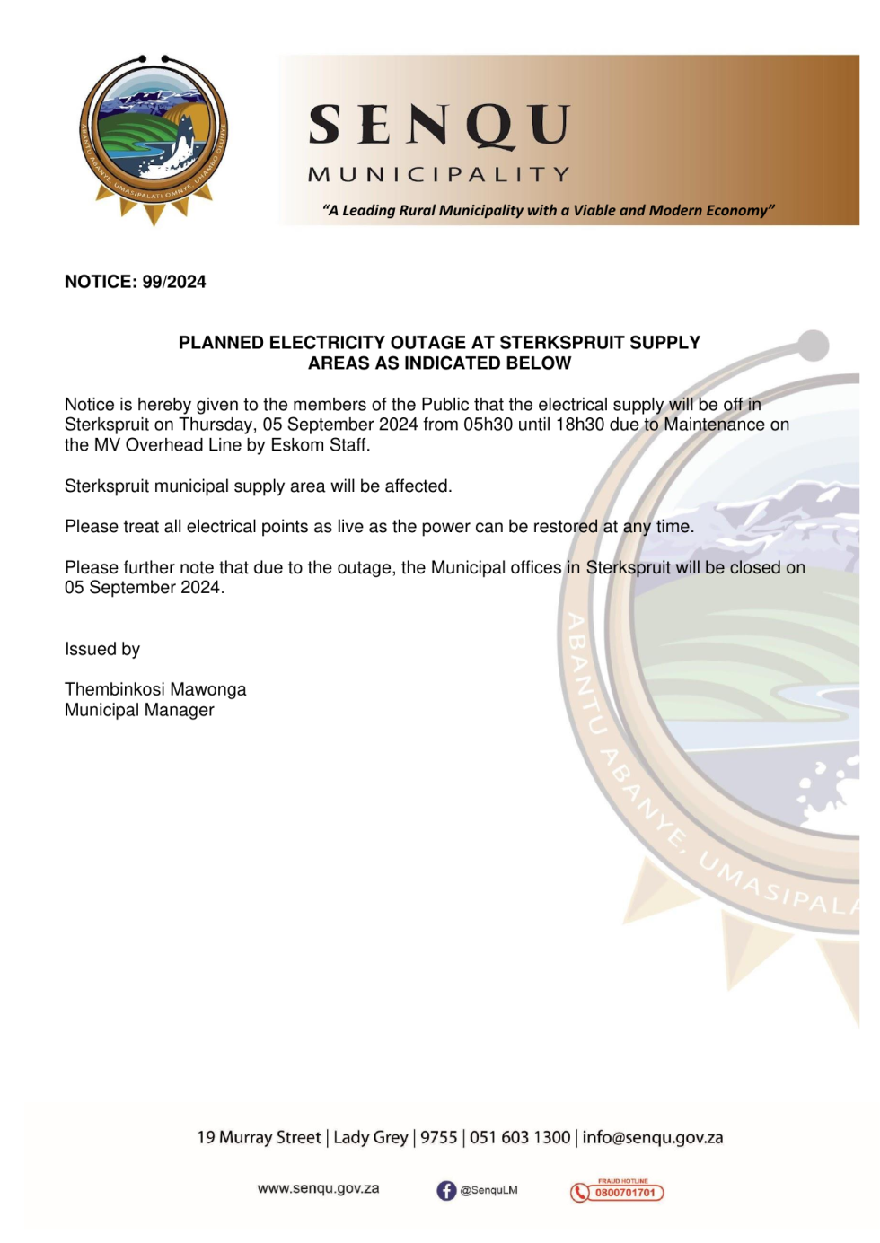 Planned Electricity Outage At Sterkspruit 05 September 2024 | Senqu ...